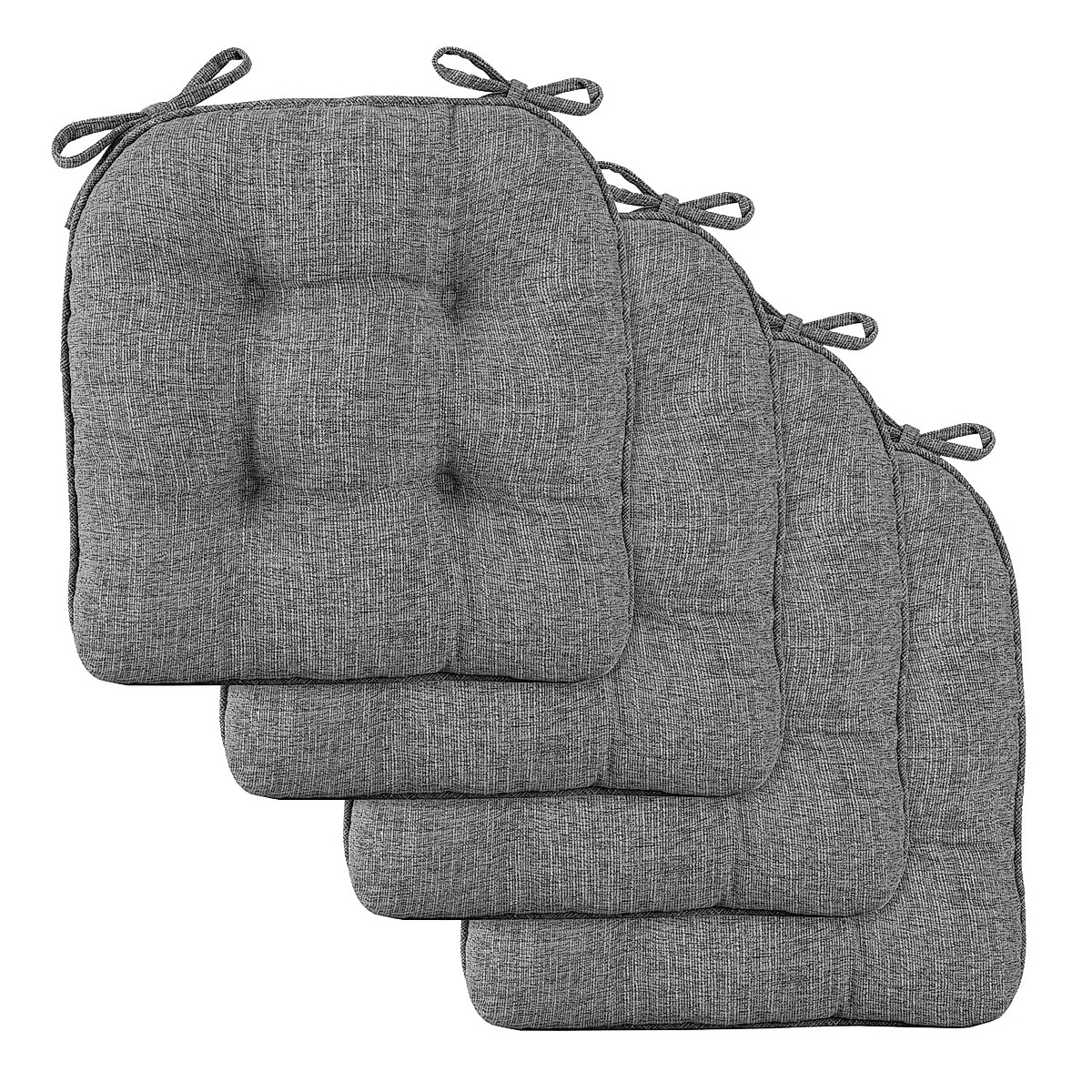 downluxe Indoor Chair Cushions for Dining Chairs, Tufted Overstuffed Textured Memory Foam Kitchen Chair Pads with Ties and Non-Slip Backing, 15.5" x 15.5" x 4", Dark Grey, 4 Pack
