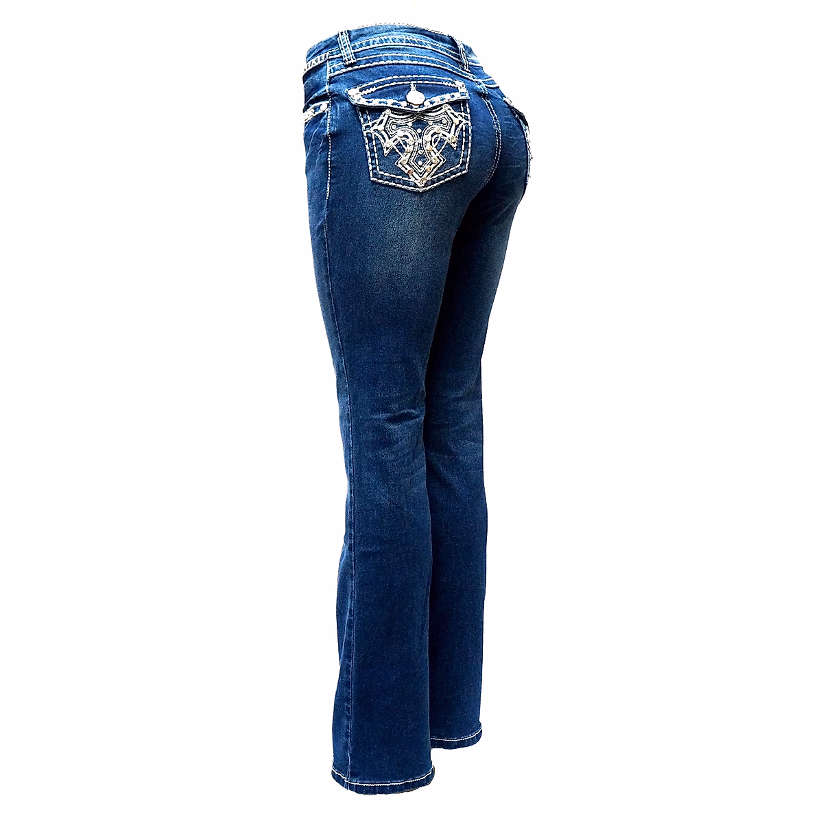LA Idol Jack David U-Cute Rose 2 Rhinestone Studded Medium & Dark Wash Denim Bootcut Flap Pocket Jeans
