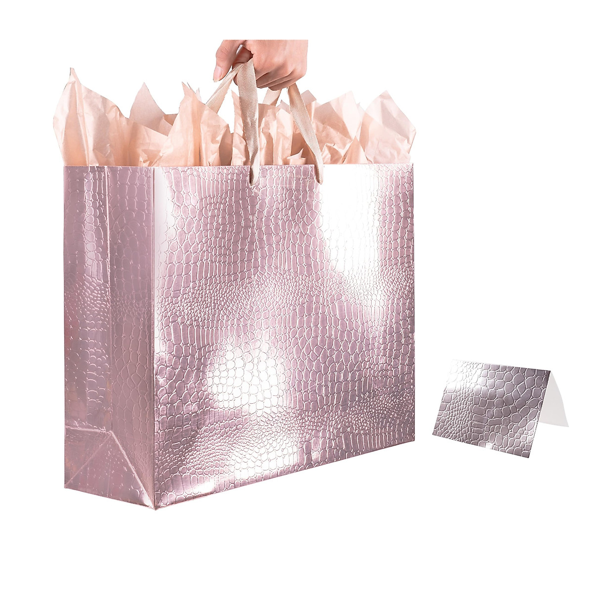 Lyforpyton Extra Large Rose Gold Gift Bags with Tissue Paper and Card 17"x12.6"x5.1" Alligator Pattern Gift Paper Bag for Birthday, Wedding, Anniversaries
