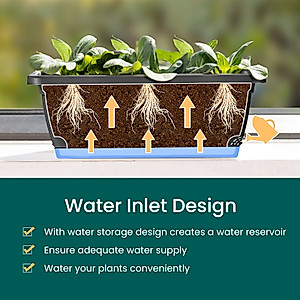 CEED4U Window Box Planter, 17 Inches 3 Packs Black Rectangular Planters Box with Saucers and 15Pcs Plant Labels, Self-Watering Drainage Holes, Windowsill Decor Outdoor Indoor Plastic Long Pots