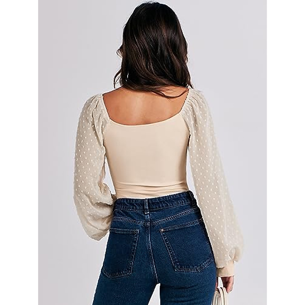 ANRABESS Rompers for Women Sheer Swiss Dot Puff Sleeve Square Neck Bodysuit Fall Casual Long Sleeve Dressy Leotard Top 1071xingse-L