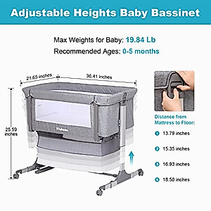 Kisdream Baby Bassinet Bedside Co Sleeper: Parents Next to Tall Bed Side Cradle Bassinette Attached Safe Cosleeper Crib Connected Portable Cosleeping for Newborn & Infant with Adjustable Height