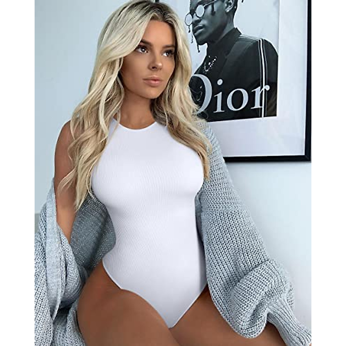 TOB Women's 3 Piece Bodysuits Sexy Ribbed Sleeveless Halter Neck Shapewear Bodysuits Black Rose White