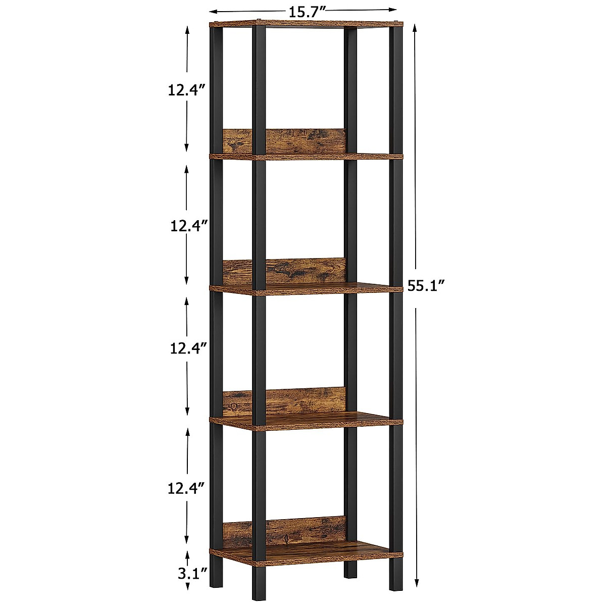VIMBER 5-Tier Bookshelf with Anti-Fall Baffle, Tall Bookcase for Books, Garage Kit, CDs, Movies, Industrial Standing Bookshelves Storage Organizer for Bedroom Office Living Room USSJ001F