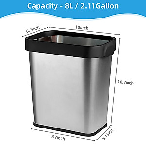 2 Pack Stainless Steel Trash Can 2 Gallon, Open Top Trash Can, 7" x 10" x 11", Rectangle Trash Can Kitchen - Slim and Narrow, Small Trash Can No Lid for Kitchen, Bathroom, Living Room, Office