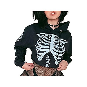 farrubbyine8 Women Gothic Crop Sweatshirt Skeleton Halloween Long Sleeve Hoodie Top Casual Goth Pullover Crop Top (C Skeleton, Large)
