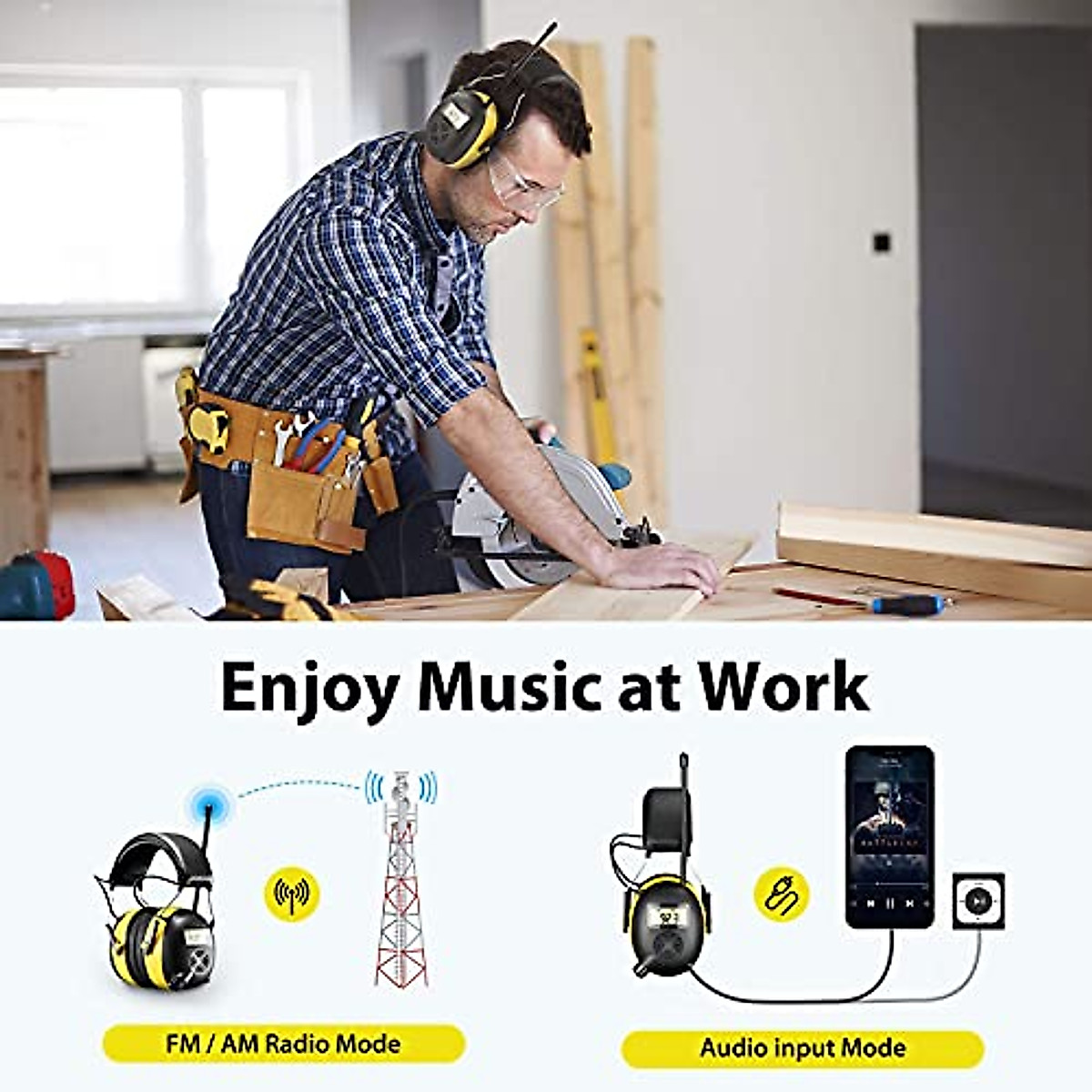 BJKing Bluetooth Hard Hat Ear Muffs, NRR 28dB Adjustable Cap-mounted Ear muff, Helmet Attachable Earmuff (Yellow)