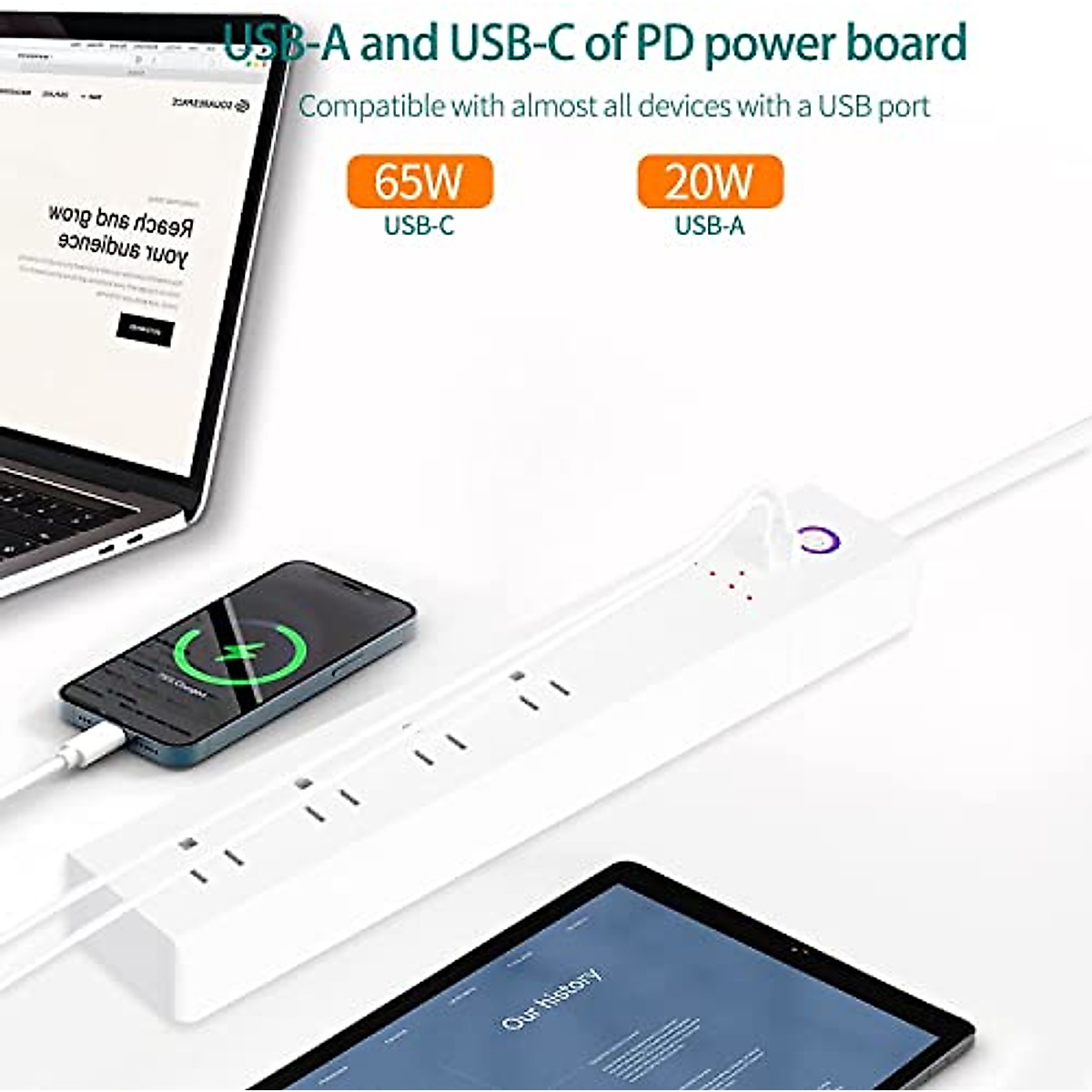 USB C Power Strips 65W, 4 Wide Outlets Power Bar, 5Ft Braided Extension Cord Flat Plug, Overload Surge Protection, Desk Charging Station for Office Home