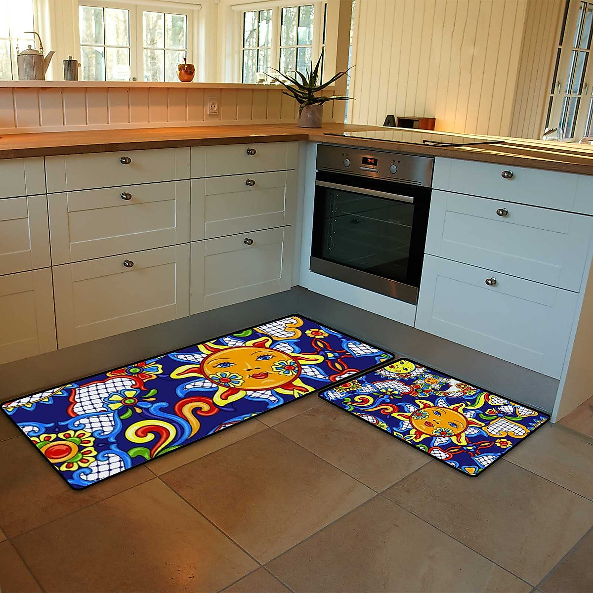 Kuizee Kitchen Mat Set of 2 Pieces Anti Fatigue Rugs Mexican Talavera Sun Traditional Decorative Soft Water Absorbent Non-Slip Standing Mats Kitchen Decor Floor,17.7"x 29" +17.7"x58"