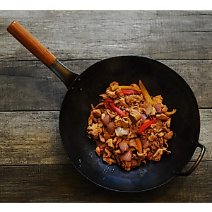 Chef's Medal Traditional Hand Hammered Carbon Steel Pow Wok with Bamboo and Steel Helper Handle - 14 Inch, Round Bottom