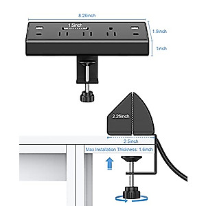 Desk Clamp Power Strip USB C,Desktop Mount Surge Protector,40W Fast Charging Station,2 PD 20W USB C Ports,3 Outlets,6FT Flat Plug,Desk Edge Power Strip for Home,Office,Fit 1.6" Tabletop Edge