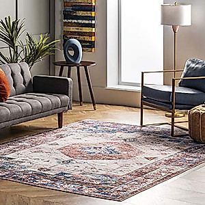 nuLOOM Eliza Machine Washable Traditional Medallion Ultra Thin Area Rug, 5x8, Multi