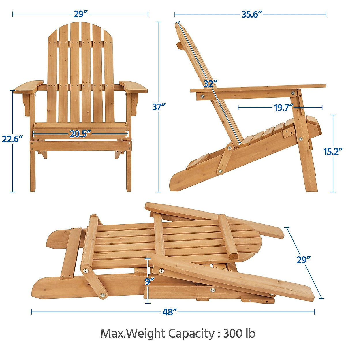 Yaheetech Folding Adirondack Chair Set of 2 Outdoor, 300LBS Solid Wood Garden Chair Weather Resistant, Fire Pit Lounge Chairs for Garden/Yard/Patio/Lawn, Natural Wood