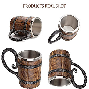 LAUGOKOBE Wooden Barrel Beer Mug, Large Viking Cup Wood Style Beer Stein with Handle, Double Wall Stainless Steel Tankard Mug, Antique gifts for Men Bar Restaurant Renaissance Accessories