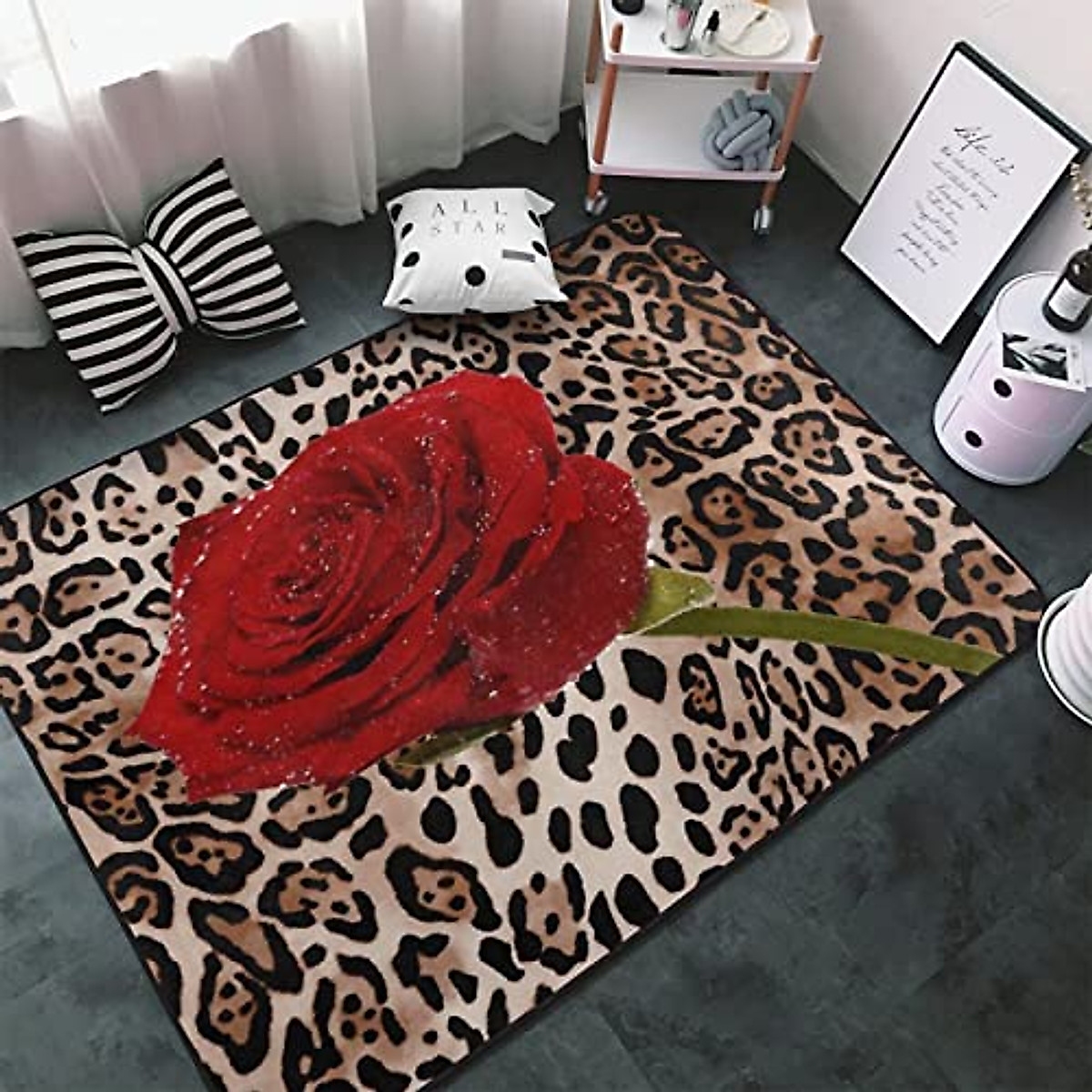Soft Area Rug for Living Room,Leopard Red Rose Mix Wild Animal Leopard Print Pattern Background Romantic,Large Floor Carpets Doormat Non Slip Washable Indoor Rugs for Bedroom Kids Room 5 x 7Ft