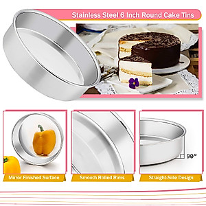TeamFar 6 Inch Cake Pans, 4 PC Stainless Steel Round Baking Cake Pan with Parchment Paper & Side Liner Roll, Healthy & Durable, Non-Stick & Heat-Resistant, Dishwasher Safe