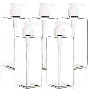 Youngever 5 Pack 16 Ounce Plastic Pump Bottles, Refillable Square Plastic Pump Bottles for Dispensing Lotions, Shampoos and More (Clear)