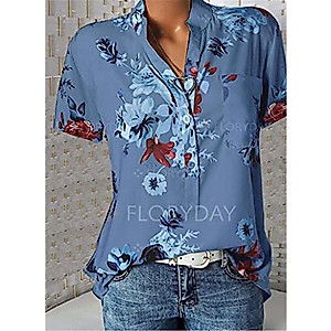 Andongnywell Women's Short Sleevele Summer V Neck Floral Printed Tops Casual Loose Ruffle Blouse Shirts (Blue,6,3X-Large)