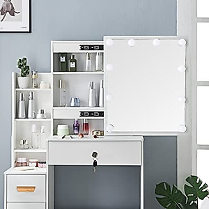 White Makeup Vanity Desk Set with Lighted Mirror, Large Vanity Dressing Table with Drawers & Stool for Women, Girls Bedroom Set