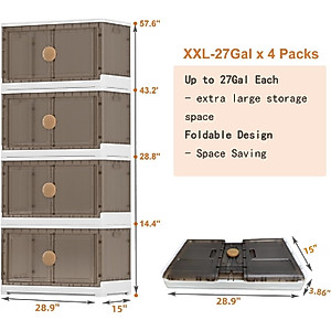 wookon Closet Organizers and Storage,108QT/27Gal Stackable Storage Bins Open Front,4 Packs Extra Large Collapsible Storage Bins with Lids,Plastic Clothes Organizer,Folding Storage Box