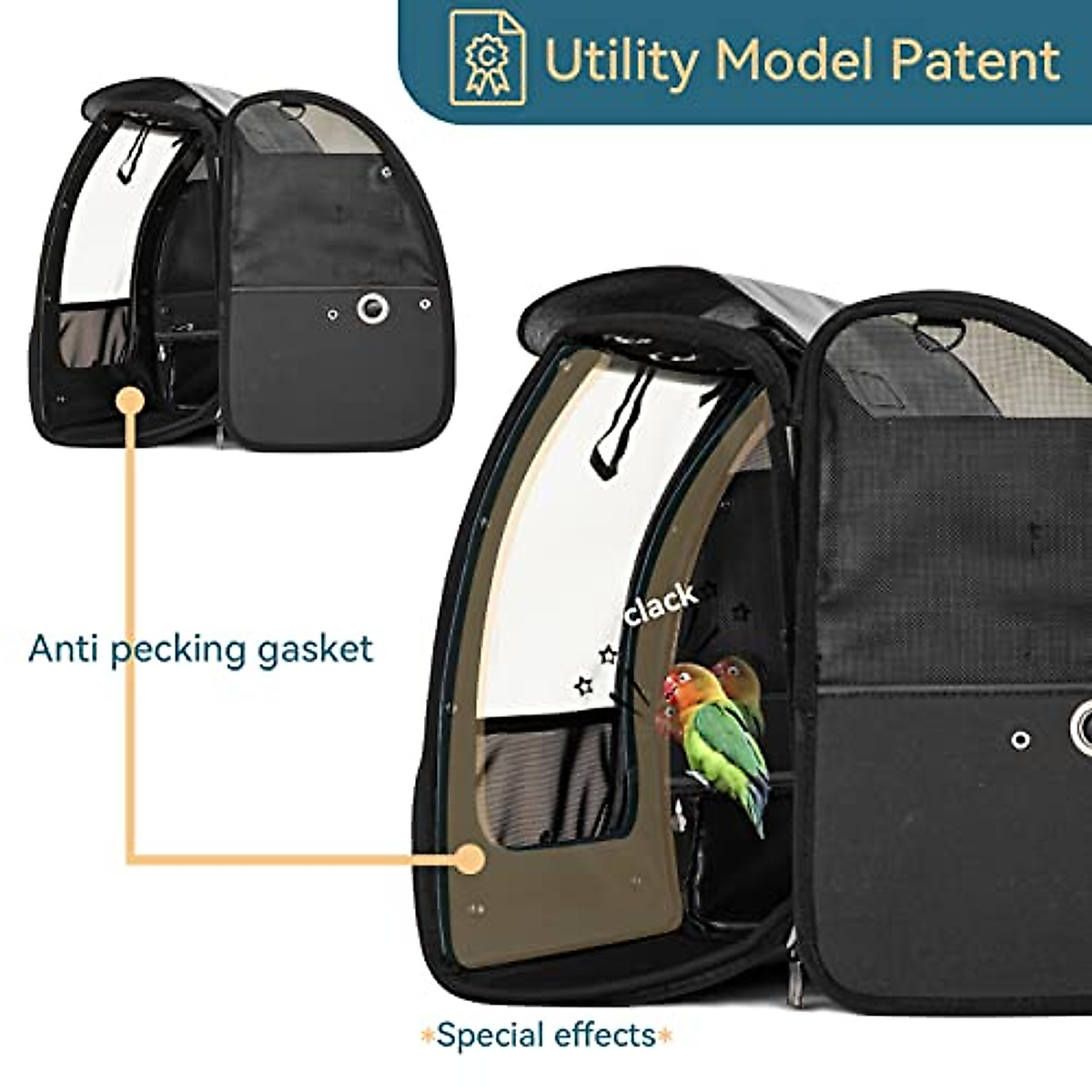 Petsfit Bird Carrier Medium Size with Stainless Steel Bowl, Parrot Backpack Includes Slide Tray for Easy Cleaning, 13" x 10" x 16"