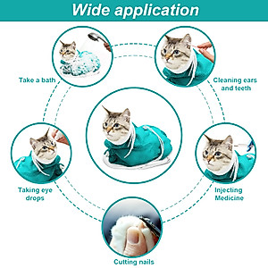 Catcan Cat Bathing Bag, Breathable Mesh Cat Shower Bag Anti Scratch Adjustable Cat Grooming Bag for Nail Trimming, Bathing Polyester Soft Cat Washing Bag (White-Green)