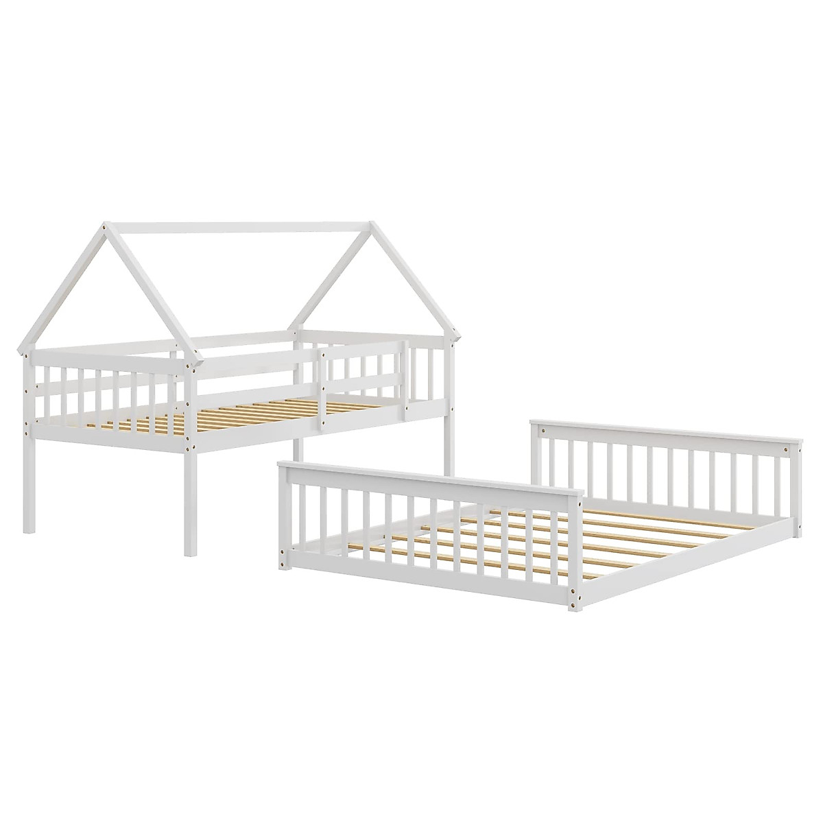 KOMFOTT Wood Twin Over Full House Bunk Bed with Built in Ladder, Solid Pine Wood Bunk Bed Frame with Safety Guardrails, House Bunk Bed Frame for Kids, Teens, Juniors, No Box Spring Needed (White)