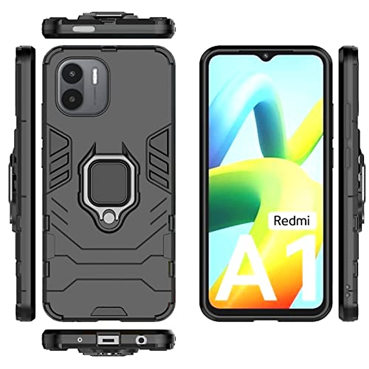 Compatible with Xiaomi Redmi A1 / Redmi A2 Case Kickstand with Tempered Glass Screen Protector [2 Pieces], Hybrid Heavy Duty Armor Dual Layer Anti-Scratch Phone Case Cover, Black