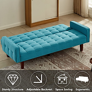 Betoko Linen Futon Sofa Couch 73.6" Fabric Upholstered Convertible Sofa Bed Minimalist Button Tufted Small 3 Seater Sleeper Futon Couch Set for Living Room Bedroom (Blue)