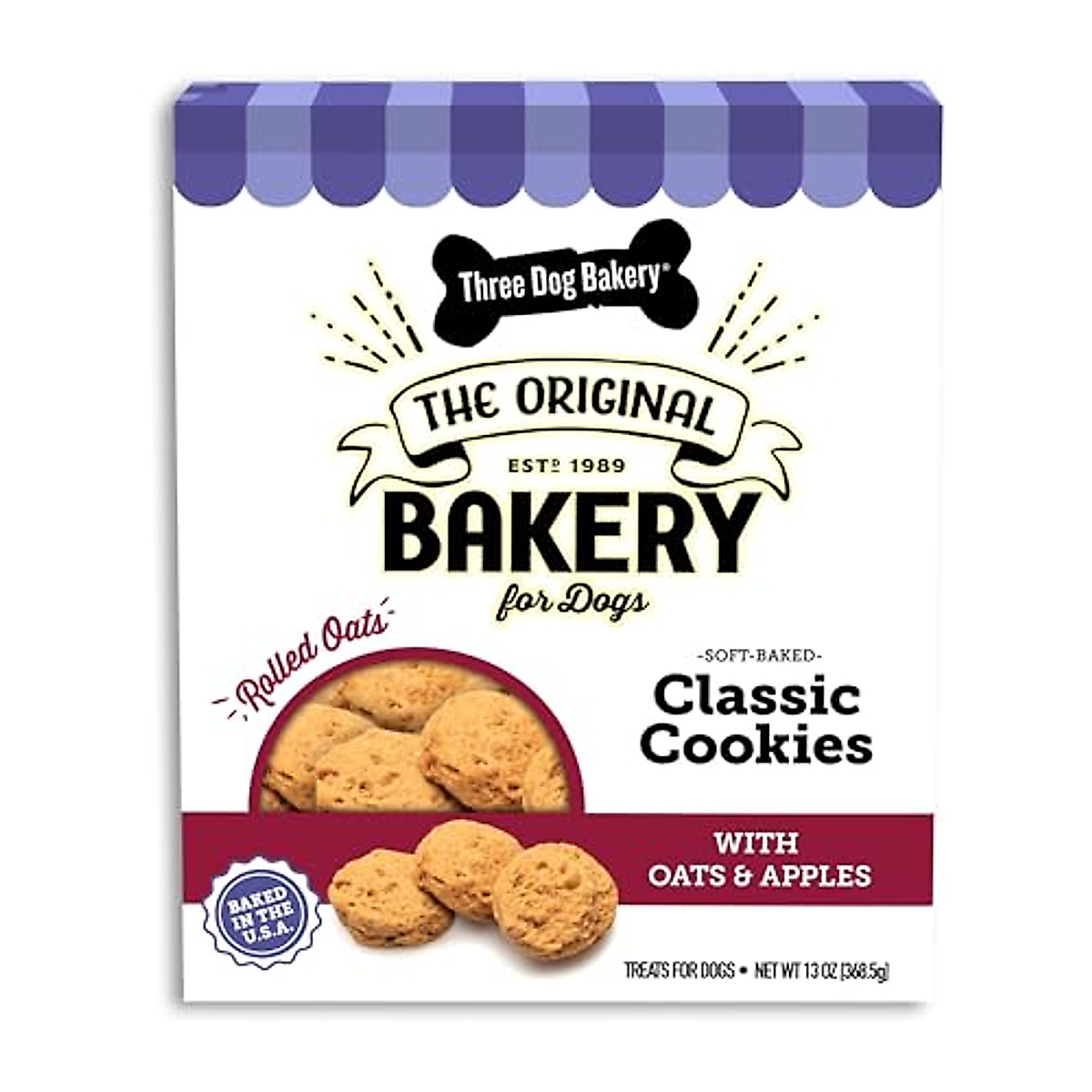 Three Dog Bakery Soft Baked Classic Cookies with Oats and Apple, Premium Treats for Dogs, 13 Ounce Box (114334)