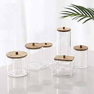 Yuema Clear Acrylic Cotton Pads Holder with Wooden Lid, Cotton Balls Swab Holder Container, Q-tip Dispenser Organiser Makeup Pad Box, Cosmetic Storage Case Bathroom