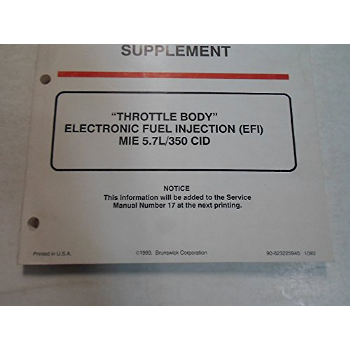 MerCruiser Throttle Body EFI MIE 5.7L 350 CID Service Manual Supplement WATER DAMAGED