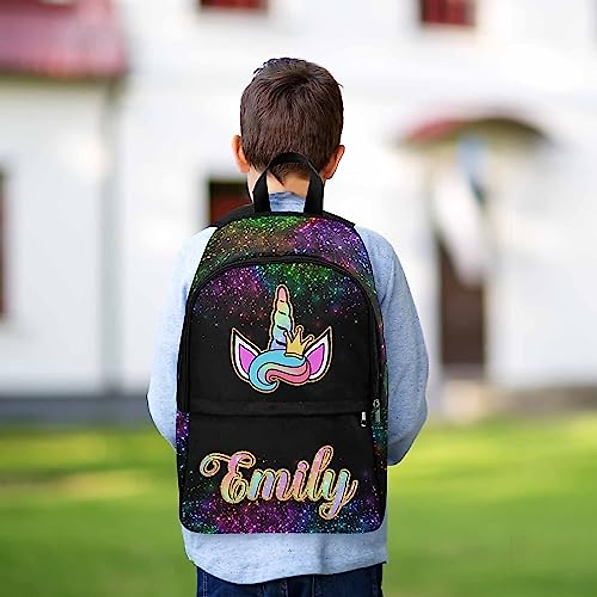 InterestPrint Custom Backpack with Name Rainbow Sparkle Personalized Name School Backpack for Boys Girls, Customized Student Bookbag for Travel, Work and School Birthday School Season Gift