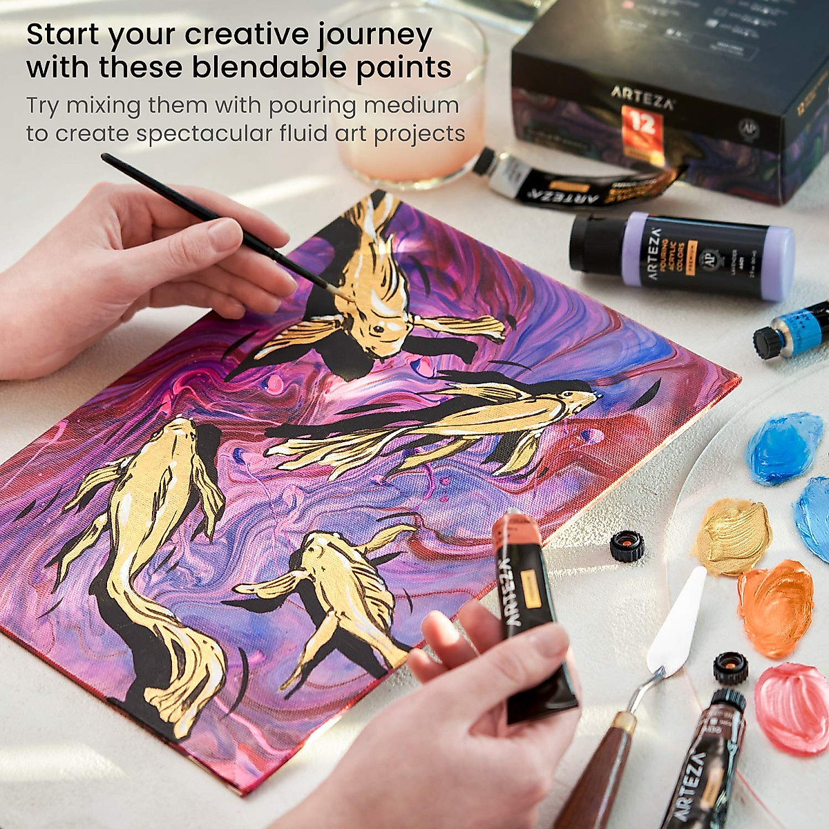 ARTEZA Metallic Acrylic Paint Set of 12 Colors, 0.74 ounce Tubes, Rich Pigments, Non Toxic Artist Paints for Hobby Painters, Ideal for Canvas Painting