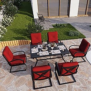 PHI VILLA 7 Piece Patio Dining Set with 60"x38" Rectangular Large Metal Dining Table and 6 Pcs Outdoor C-Spring Motion Dining Chairs(Red) for Garden Lawn