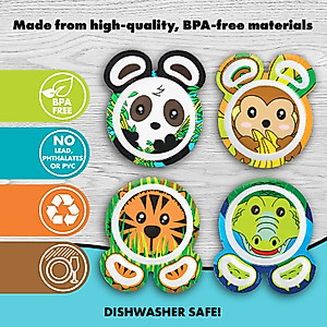Bentology Zoo Friends Mealtime Melamine Feeding Plates - Set of 4 Different Cute Animal Pal Dishes for Kids - Panda, Alligator, Tiger & Monkey - Divided Compartments, BPA Free