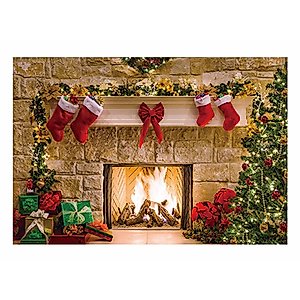 Funnytree 7x5ft Christmas Fireplace Backdrop Interior Vintage Xmas Tree Stockings Photography Background Portrait Photobooth Party Banner Decorations Photo Studio Props