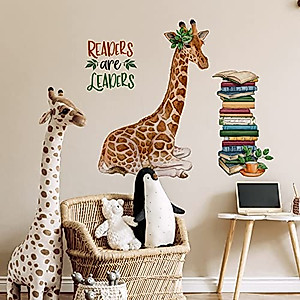 Mfault Giraffe Reading Corner Baby Boys Girls Wall Decals Stickers, Readers are Leaders Woodland Animals Read Books Nursery Playroom Decorations Bedroom Classroom Art, Kids Library Toddler Room Decor