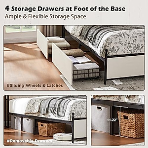 T4TREAM King Bed Frame with Storage Upholstered Headboard and 4 Drawers, Farmhouse Metal Platform Bed w/LED Lights & Charging Station, Stable & Easy Assembly, No Box Spring Needed, Antique White