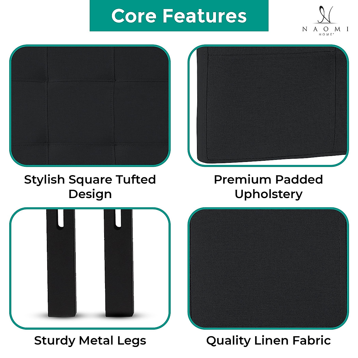 Jessenia Queen Headboard Only, Height Adjustable Bed Headboard Queen Size, Square Tufted Headboard Queen Size with 12 Positions, Metal Legs, Wall/Bed Mount, Linen Fabric Headboard Queen, Black