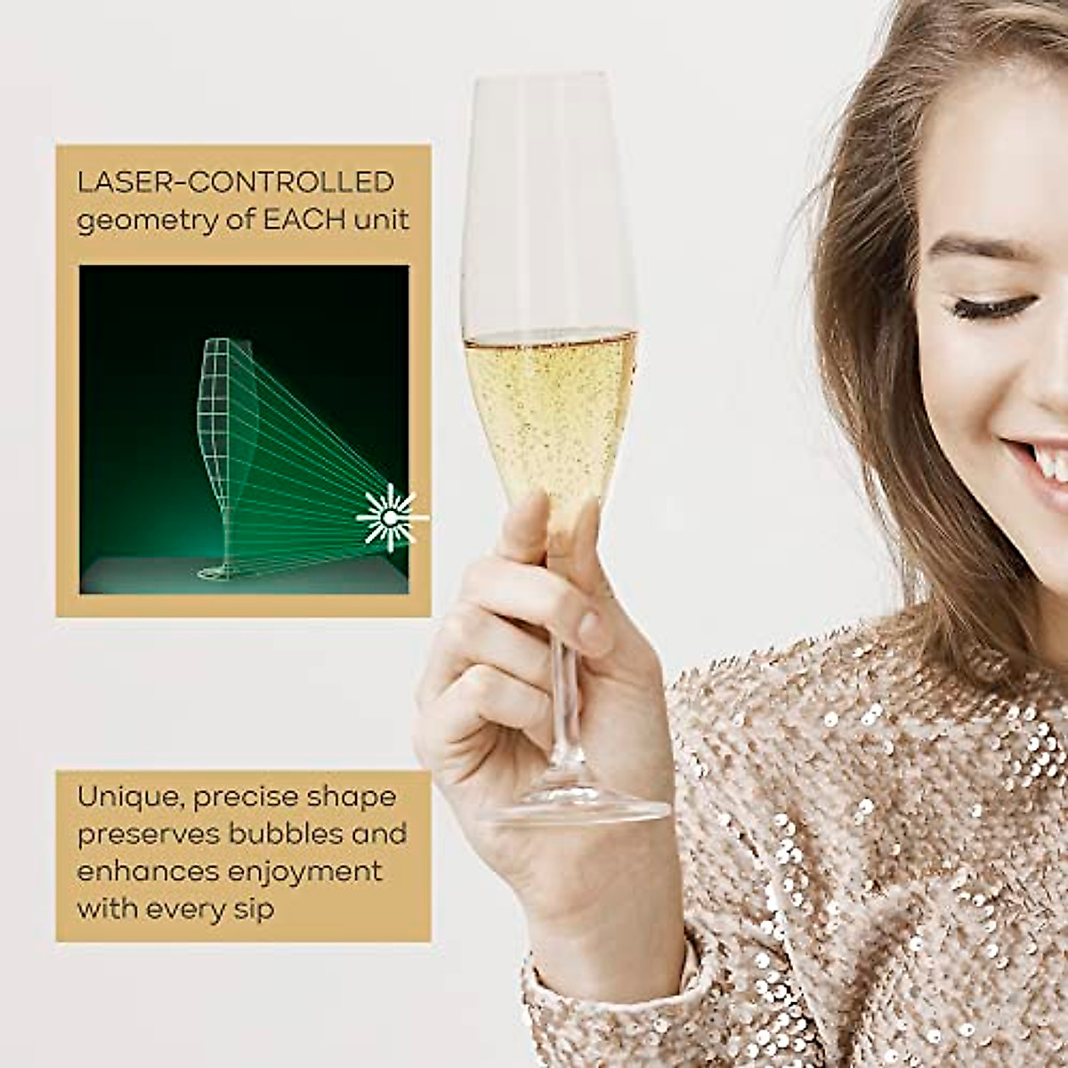 Champagne flutes, 7 oz, Сhampagne Glasses set of 6, Modern Elegant, True Czech Lead-free Durable Crystal Champagne Flutes Glass