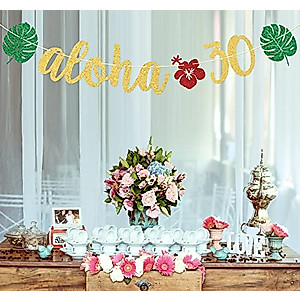 Aloha 30 Banner, Aloha Party Decorations, Hawaiian 30th Birthday Banner for Tropical Luau Birthday Party Decorations, Palm Leaf Decorations Gold Green Glitter