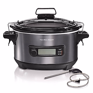 Hamilton Beach Portable 6 Quart Set & Forget Digital Programmable Slow Cooker with Lid Lock, Temperature Probe, Dishwasher Safe Crock & Lid, Black Stainless (33866)