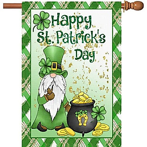 Surfapans Happy St Patricks Day Gnome House Flag 28x40 Inch Double Sided Outside Burlap Green Shamrock Clover Gold Coin Large Outdoor Yard Flags Porch Home Farmhouse Decoration