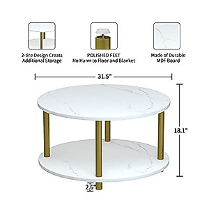 Round Coffee Table for Living Room，31.5’’ 2 Tier Modern Gold Coffee Table with Open Storage Shelf,Gold Metal Legs and White Faux Marble Table Top