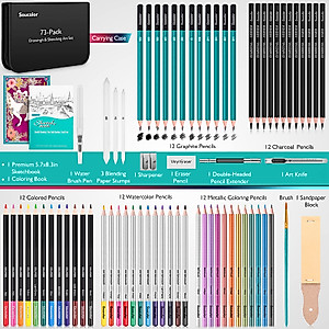 Soucolor 73 Art Supplies for Adults Teens Kids Beginners, Art Kit Drawing Supplies Sketching Set, Drawing Pencils Set Zipper Gift Case: Sketch Book, Coloring Book, Metallic Charcoal Pencils Stuff