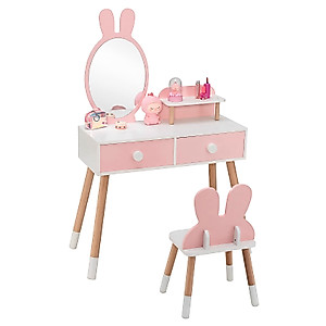 GLACER Kids Vanity Table and Chair Set, Vanity Set with Chair, Removable Mirror, 2 Large Drawers, Storage Shelf and Beech Wood Legs for Girls, Makeup Dressing Table and Chair for Toddlers, Pink