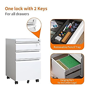 Yukimo 3 Drawer Mobile File Cabinet, Filing Cabinet Home Office for Letter, Legal Size, Fully Assembled Under Desk File Cabinet, White