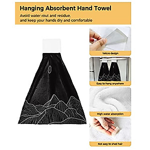 Ldtrchee Mountains Scenery Hand Towel with Hanging Loop, Sun Black White Line Abstract Art Hanging Tie Towels Set 2 Pcs, Kitchen Absorbent Towel for Bathroom Tea Bar Laundry