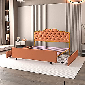Queen Size Metal Platform Bed Frame, with Upholstered Headboard, 4 Storage Drawers, Heavy Duty Mattress Foundation w/Wood Slat Support, No Box Spring, Coffee